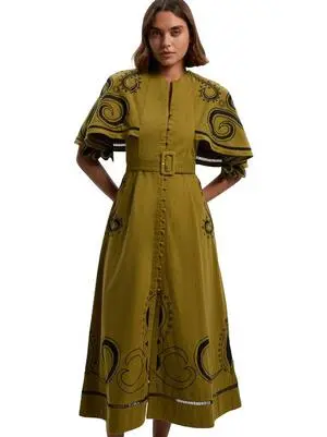 Karen Millen Baroque Cape Sleeve Midi Dress - Khaki