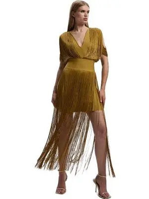 Karen Millen Bandage Knit Fringe Detail Dress - Gold