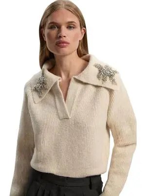 Karen Millen Embellished V-neck Knit Sweater - Cream
