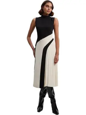 Karen Millen Block High Neck Pleated Midi Dress - Mono