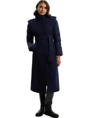Karen Millen Wool High Neck Puffer Belted Midi Coat - Navy