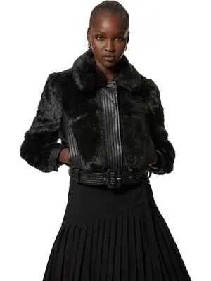 Karen Millen Faux Fur Pu Paneled Belted Cropped Jacket - Black