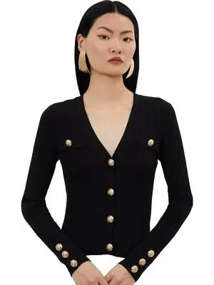 Karen Millen Ribbed Cardigan With Military Trim - Black