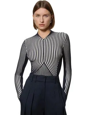Karen Millen Striped Fitted Long Sleeve Knitted Top - Navy