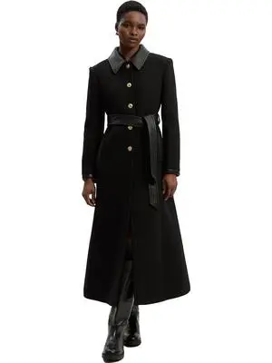 Karen Millen Wool Pu Mix Belted Tailored Maxi Coat - Black