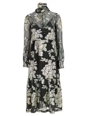 Saint Laurent Floral Sheered Midi Dress - Black