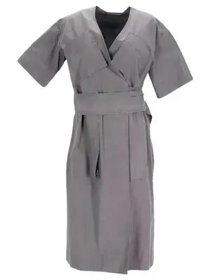 Celine Belted V-neck Midi Dress - Grey