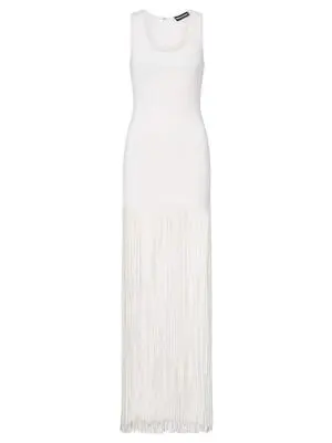 David Koma Fringed Ribbed-knit Maxi Dress - White