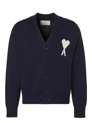 AMI Paris Ami Paris Ami De Coeur Wool And Cotton Cardigan Blue