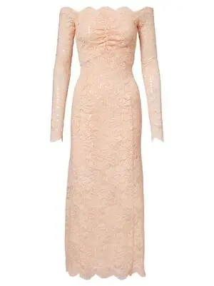 Rabanne Sequined Off-shoulder Lace Midi Dress - Pink