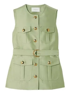 Zimmermann Luna Belted Wool And Silk-blend Vest - Green