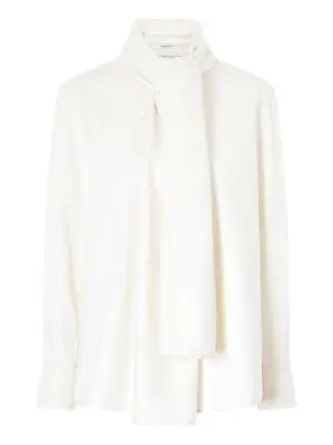 Another Tomorrow Pussy-bow Cotton-chambray Blouse - Neutrals