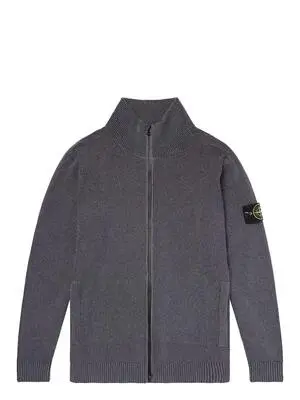 Stone Island Logo-appliquéd Ribbed Cotton-blend Zip-up Cardigan - Gray
