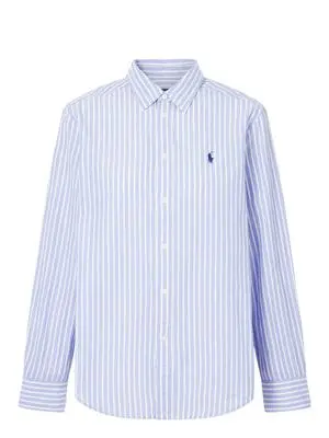 Polo Ralph Lauren Embroidered Striped Cotton And Linen-blend Shirt - Blue