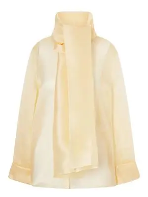 Another Tomorrow Bow-embellished Silk-organza Blouse - Neutrals