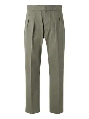 Officine Générale Evans Wide-leg Belted Pleated Organic Cotton-twill Chinos - Green