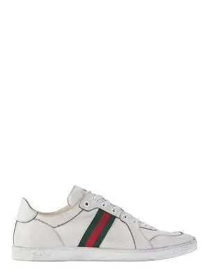 Gucci Distressed Webbing-trimmed Leather Sneakers - White