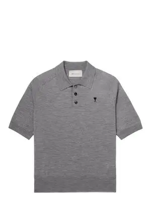 Ami Logo-embroidered Merino Wool Polo Shirt - Gray