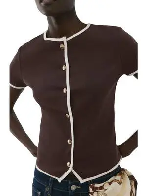 Mango Piped Trim Cotton Button-up Top - Chocolate