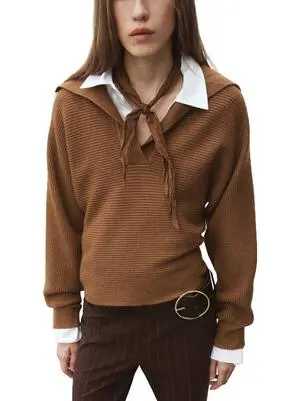 Mango Ribbed Johnny Collar Sweater - Tobacco Brown