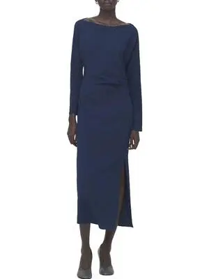 Mango Side-ruched Long-sleeve Dress - Navy