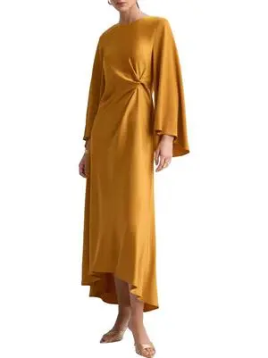 Mango Flutter Sleeve Satin Dress - Ochre