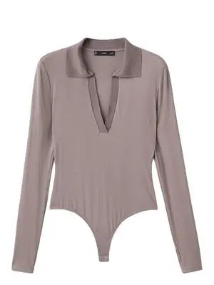 Mango Johnny Collar Long Sleeve Rib Bodysuit - Light/pastel Brown