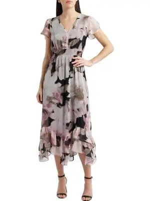 Anne Klein Print Ruffle Midi Dress - Anne Black/grey Multi