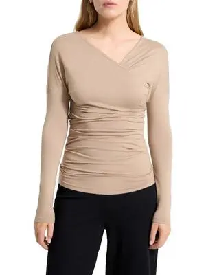 MARCELLA Ruched Surplice Neck Jersey Top - Sand