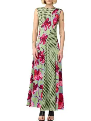 Diane Von Furstenberg Cory Mixed Print Sleeveless Maxi Dress - Hibiscus Smoke Polka Dot
