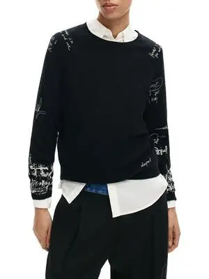Desigual Fine Gauge Graphic Sweater - Black