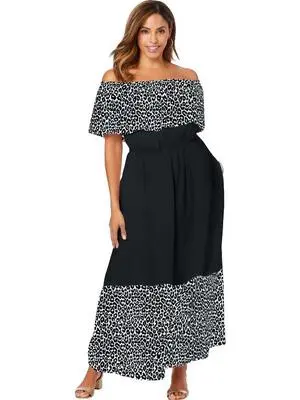 JESSICA LONDON Off-the-shoulder Maxi Dress - Pink Burst Graphic