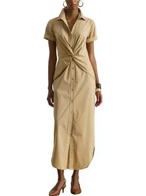 Ralph Lauren Twist Front Cotton Blend Shirtdress - Birch Tan Beige