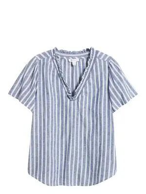 BEACHLUNCHLOUNGE Bree Ruffle Linen & Cotton Top - French Blue