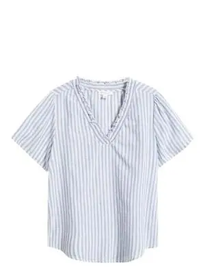 BEACHLUNCHLOUNGE Bree Ruffle Linen & Cotton Top - Misty Lines