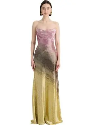 Oscar De La Renta Beaded Sequin Moiré Ombré Gown - Natural