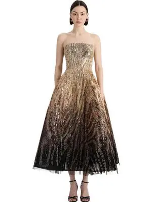 Oscar De La Renta Beaded Sequin Moiré Ombré Gown - Natural