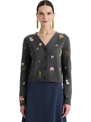 OSCAR DE LA RENTA Mini Mixed Botanical Threadwork V-Neck Cardigan