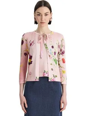 Oscar De La Renta Mixed Botanical Printed Tie Neck Cardigan - Natural