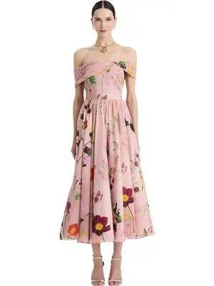 Oscar De La Renta Mixed Botanical Off-shoulder Dress - Natural