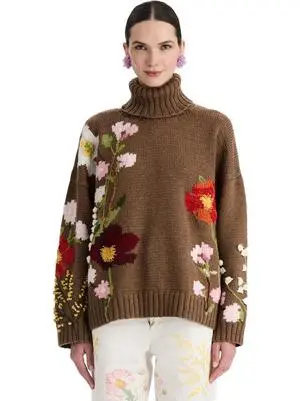 Oscar De La Renta Mixed Botanical Embroidered Turtleneck Pullover - Red