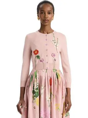 Oscar De La Renta Mixed Botanical Threadwork Cardigan - Natural