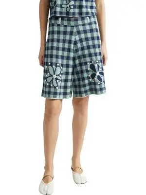 YANYAN Gingham Flower Jacquard Bermuda Shorts - Mint/midnight