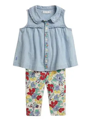 Ralph Lauren Embroidered Ruffle Chambray Top And Floral Jersey Leggings Set - New Medium Wash