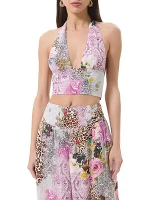 AFRM Sylas Mix Print Plunge Halter Neck Crop Top - Natural Patchwork