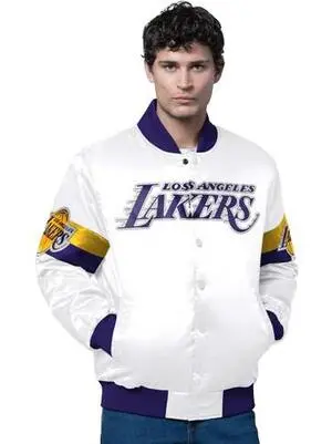 STARTER Los Angeles Lakers Triple Option Varsity Full-snap Satin Jacket - White