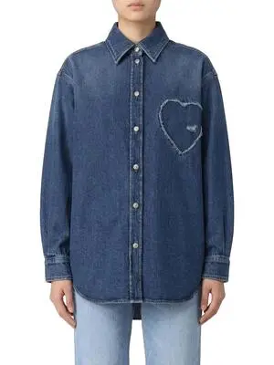Moschino Cotton Denim Shirt With Heart Print - Blue