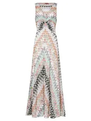 Missoni V-neck Chevron Knit Maxi Dress - White Pink Light Blue