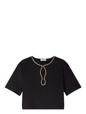 Sandro Cropped Rhinestone-embellished Cotton-blend T-shirt - Black