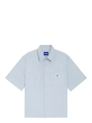 Hugo Oversize-fit Shirt In Slub Cotton With Patch Pockets - Light Blue